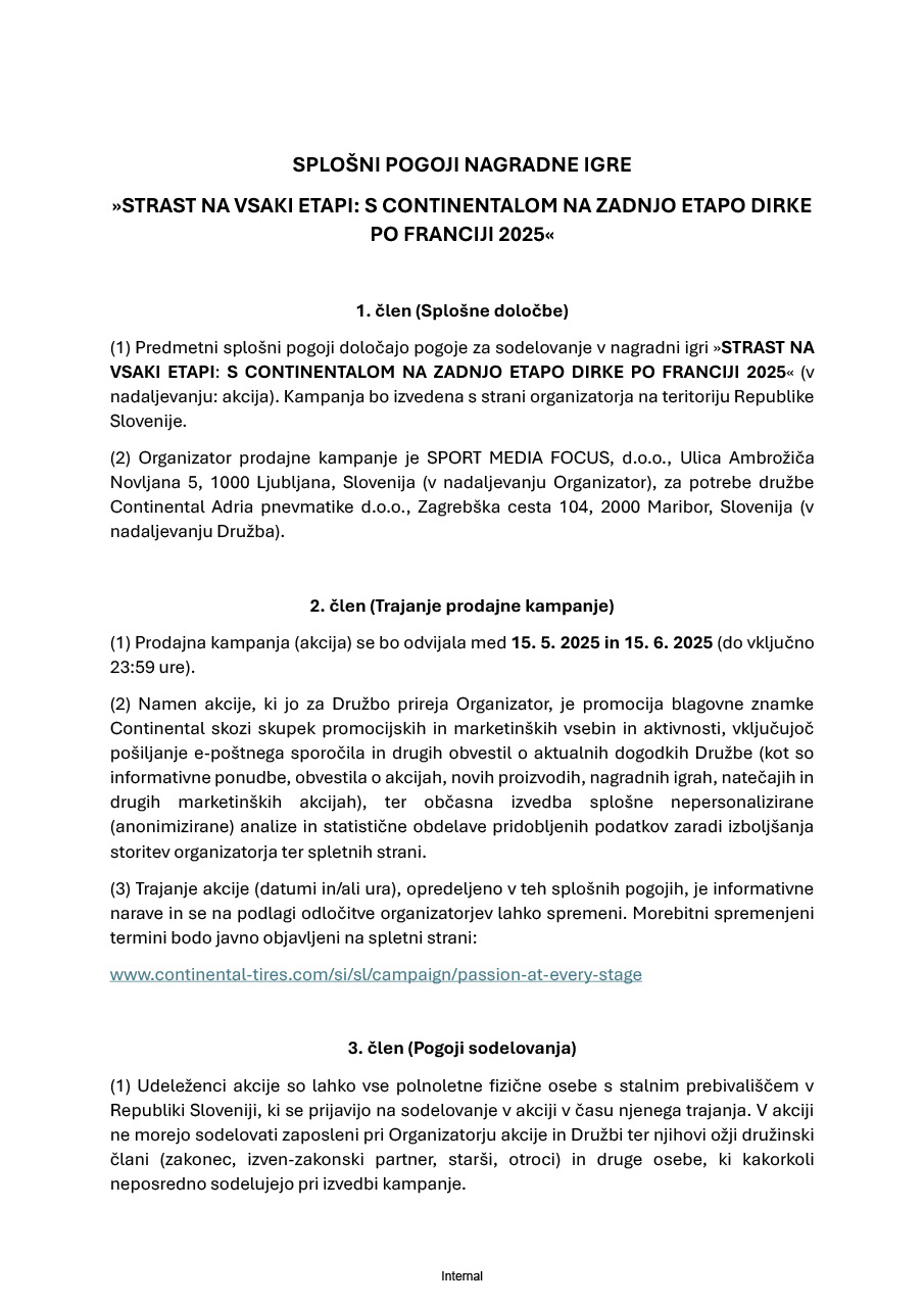 Sodelovanje v Continentalovi nagradni igri – Bodi zmagovalec na vsaki etapi